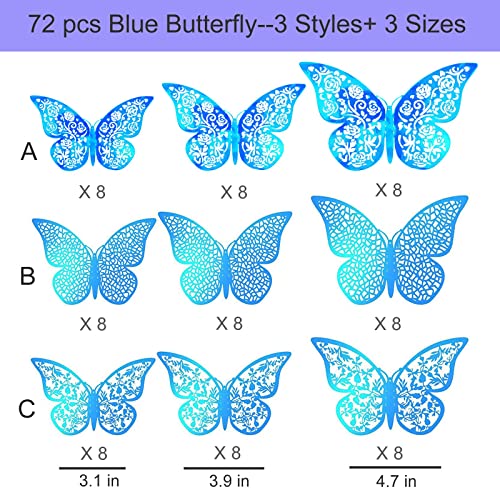 JANESOTO 72 Pcs 3D Butterfly Wall Decor, Blue Butterfly Wall Decals 3 Sizes 3 Styles, Metallic Wall Stickers for Girls Bedroom Nursery Classroom Cake Wedding Party Decoration DIY Gift