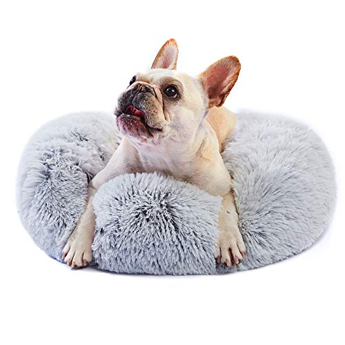 Liaamskin Fluffy Calming Donut Round Dog Bed Shag Lux Plush Cat Bed Self Warming Indoor Sleeping for Small Cat Dog19.7’’X19.7’’ Grey Ombre Clearance