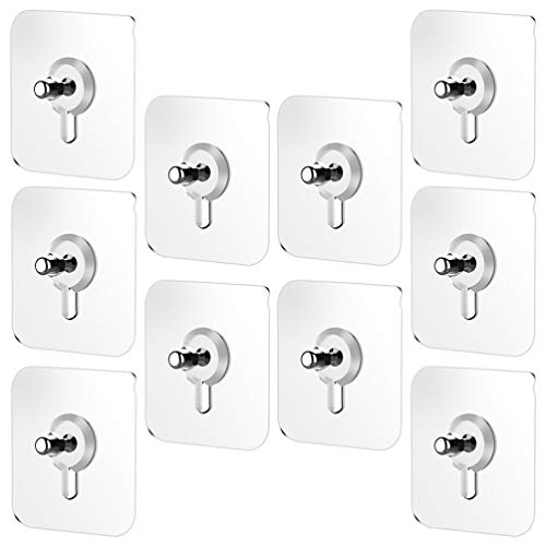 DOITOOL 10PCS Nail Free Wall Hook Screw Adhesive Hooks for Hanging, Non- Trace No Drilling Hooks for Bathroom Kitchen Installation Hanging, Waterproof Transparent Screws Hook (Nail Size 16mm)