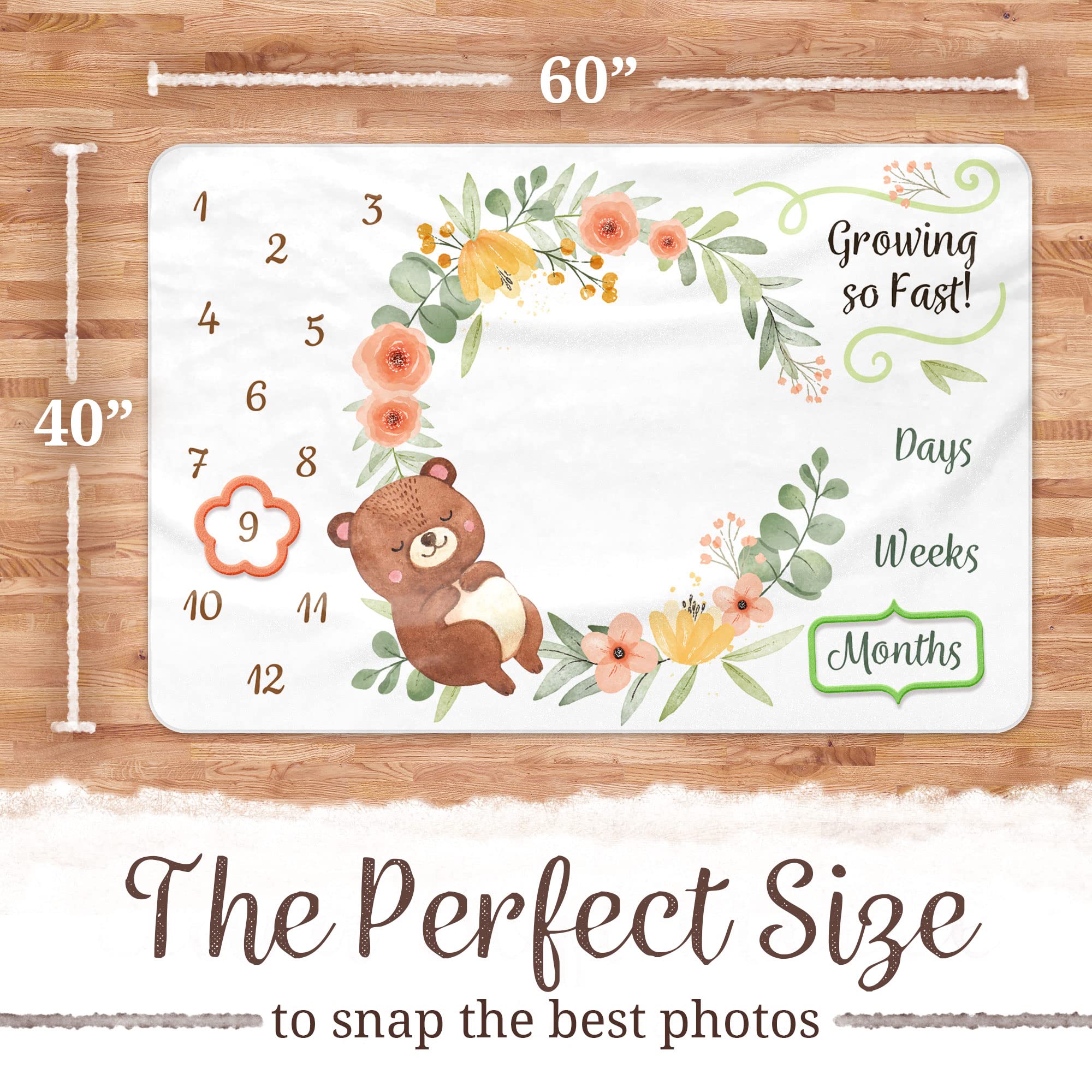 Milestone Blanket with 2 Placement Markers , Gender Neutral,Baby Monthly Milestone Blanket , Baby Growth Chart Blanket (60inx40in)