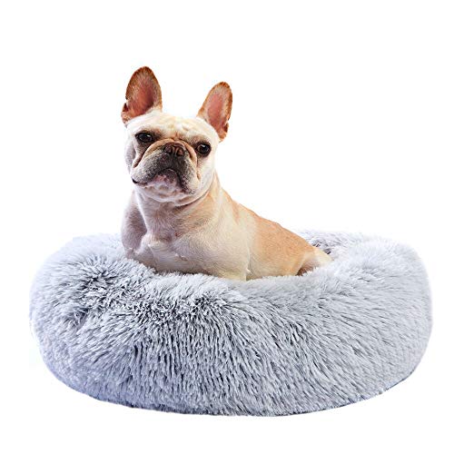 Liaamskin Fluffy Calming Donut Round Dog Bed Shag Lux Plush Cat Bed Self Warming Indoor Sleeping for Small Cat Dog19.7ββX19.7ββ Grey Ombre Clearance