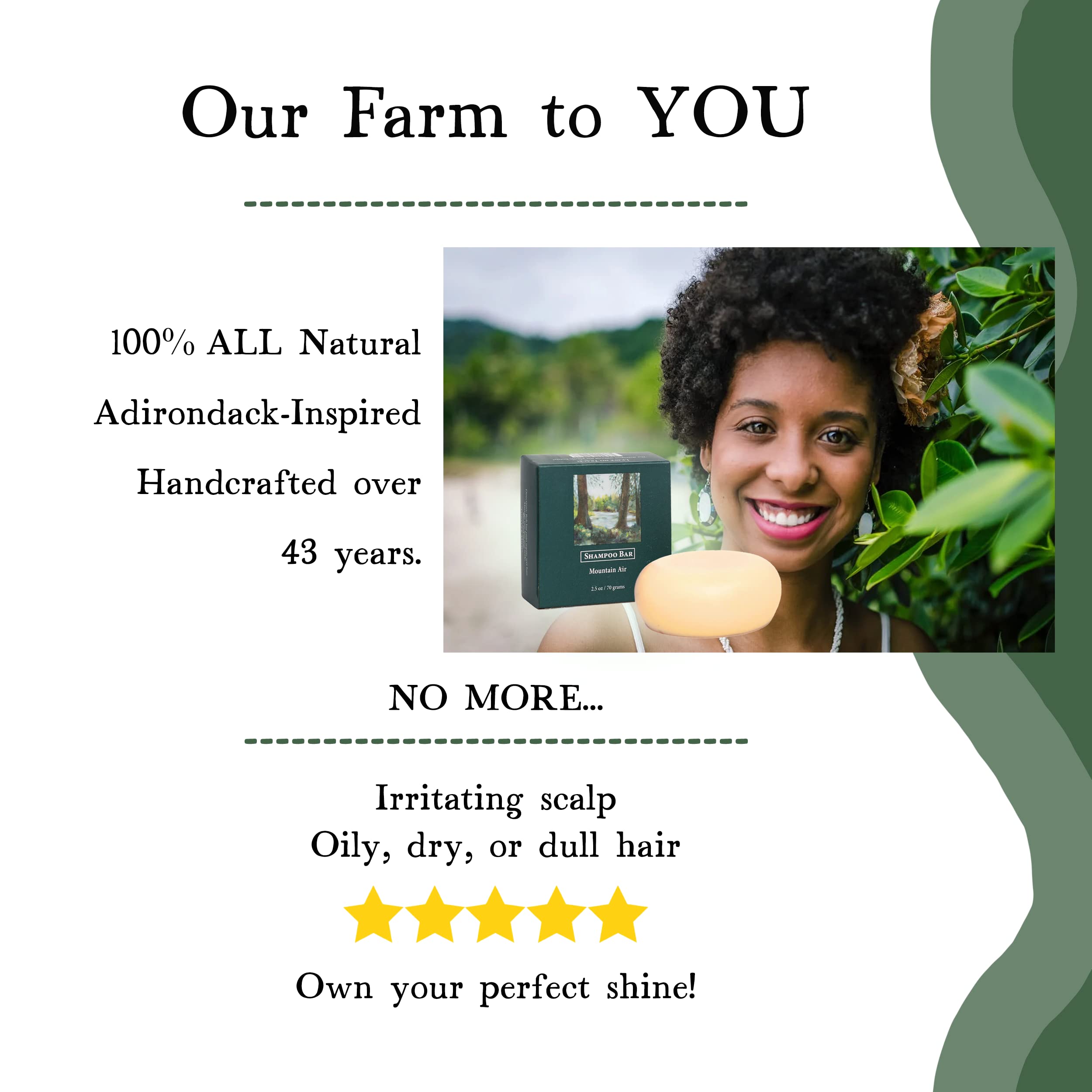 Adirondack Fragrance & Flavor Farm ADK Mountain Air Shampoo Bar for Oily Hair & Sensitive Scalp, Essential Oils, Sulfate-Free Plant-Based Vegan & Eco Friendly Solid Hair Cleanser, 2.5 Oz, 70 grams