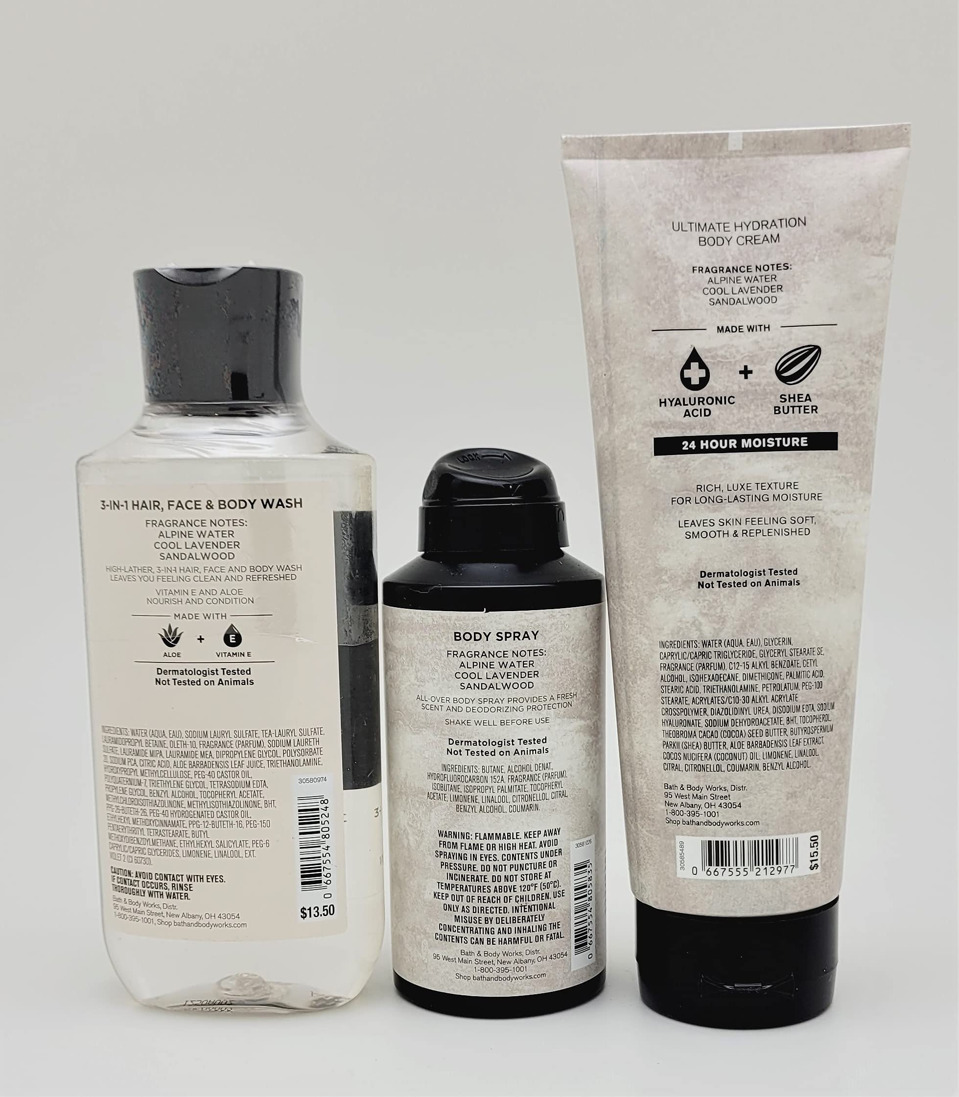 Bath & Body Works - Stone – For Men - 3 pc Bundle - 3-in-1 Hair, Face & Body Wash, Deodorizing Body Spray and Ultimate Hydration Body Cream – 2021