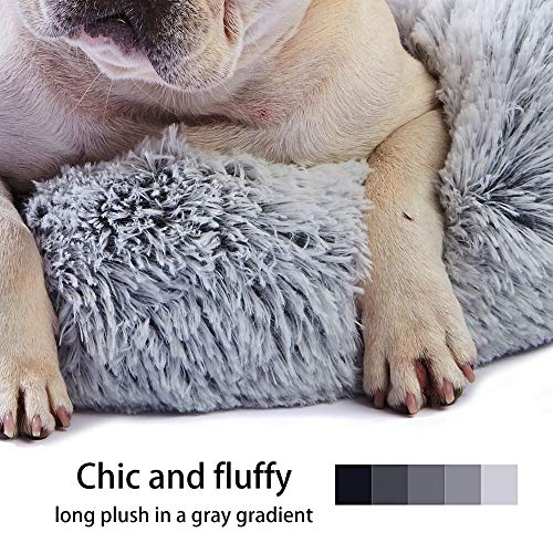 Liaamskin Fluffy Calming Donut Round Dog Bed Shag Lux Plush Cat Bed Self Warming Indoor Sleeping for Small Cat Dog19.7ββX19.7ββ Grey Ombre Clearance