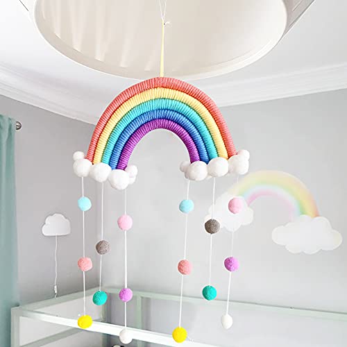 Rainbow Hanging Decoration, Macrame Tapestry Wall Hanging with Felt Ball, Handmade Braided Cords Pom-Pom,Mobile,Children’s Room Bedroom Nursery Decor-Red
