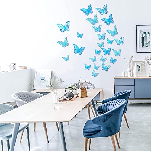 JANESOTO 72 Pcs 3D Butterfly Wall Decor, Blue Butterfly Wall Decals 3 Sizes 3 Styles, Metallic Wall Stickers for Girls Bedroom Nursery Classroom Cake Wedding Party Decoration DIY Gift