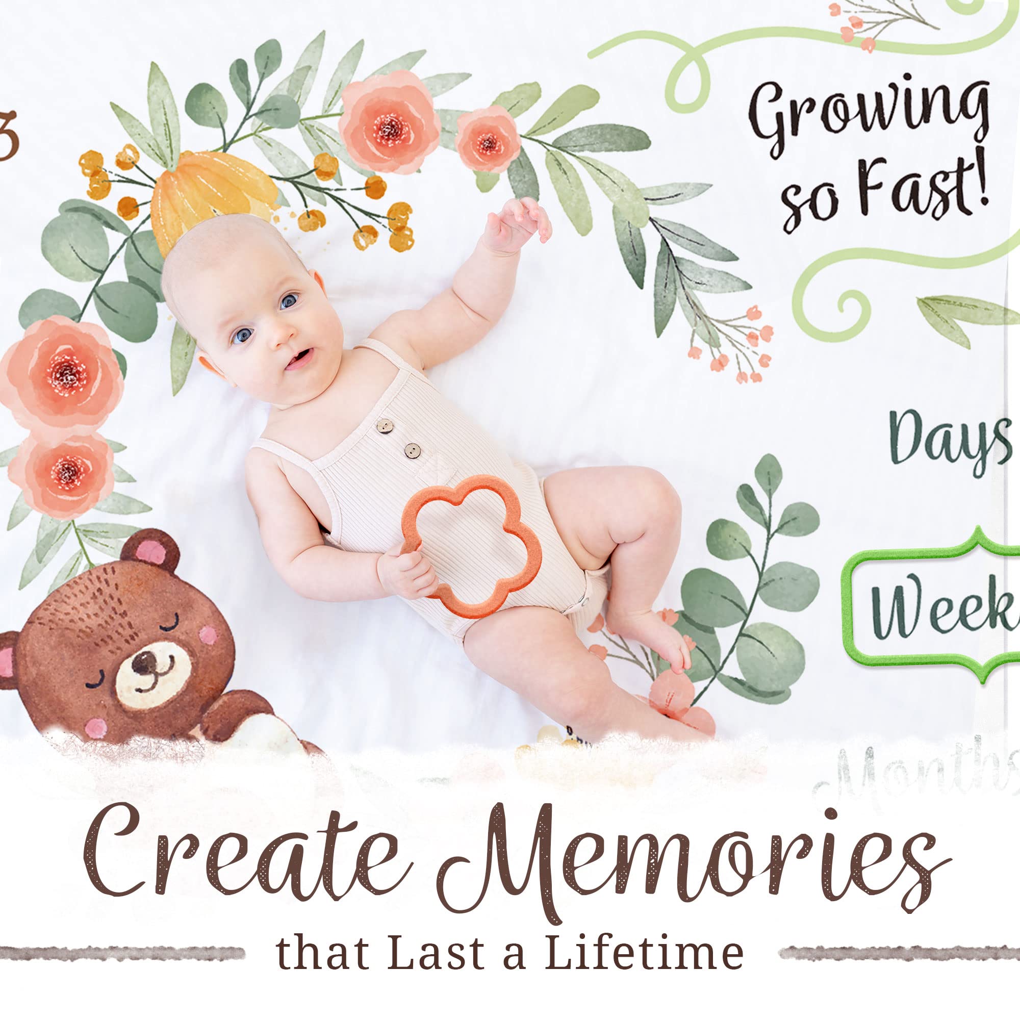 Milestone Blanket with 2 Placement Markers , Gender Neutral,Baby Monthly Milestone Blanket , Baby Growth Chart Blanket (60inx40in)