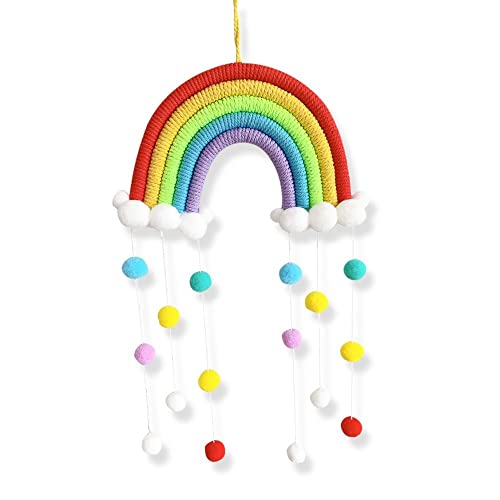 Rainbow Hanging Decoration, Macrame Tapestry Wall Hanging with Felt Ball, Handmade Braided Cords Pom-Pom,Mobile,Children’s Room Bedroom Nursery Decor-Red