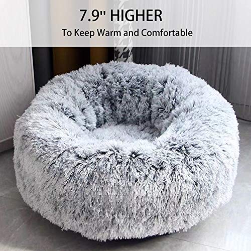 Liaamskin Fluffy Calming Donut Round Dog Bed Shag Lux Plush Cat Bed Self Warming Indoor Sleeping for Small Cat Dog19.7ββX19.7ββ Grey Ombre Clearance