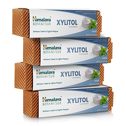 Himalaya Botanique Whitening Antiplaque Toothpaste with Xylitol, Fluoride Free, for Plaque Reduction & Gentle Whitening, 4 oz, 4 Pack