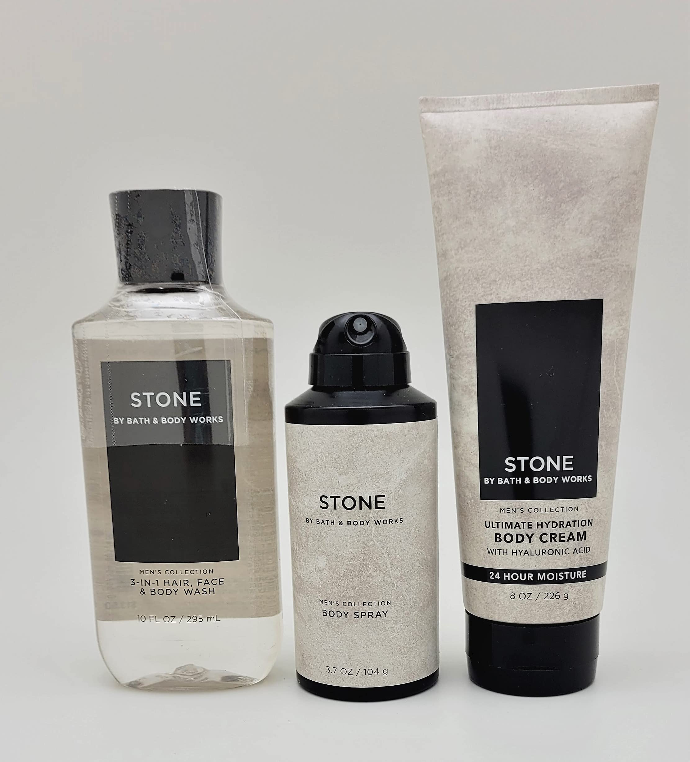 Bath & Body Works - Stone – For Men - 3 pc Bundle - 3-in-1 Hair, Face & Body Wash, Deodorizing Body Spray and Ultimate Hydration Body Cream – 2021