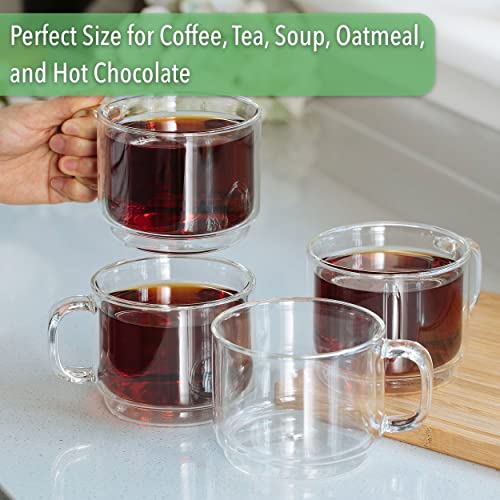 BTaT- Stackable Insulated Coffee Mug, Coffee Glass, Large, Set of 4 (16oz, 500ml), Double Wall Glass Coffee Cups, Tea Cups, Latte Cups, Glass Coffee Mug, Latte Mug, Clear Mugs, Mother's Day Gift