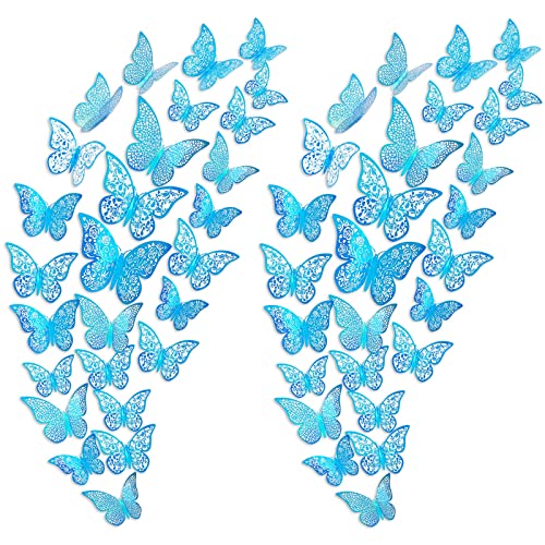 JANESOTO 72 Pcs 3D Butterfly Wall Decor, Blue Butterfly Wall Decals 3 Sizes 3 Styles, Metallic Wall Stickers for Girls Bedroom Nursery Classroom Cake Wedding Party Decoration DIY Gift