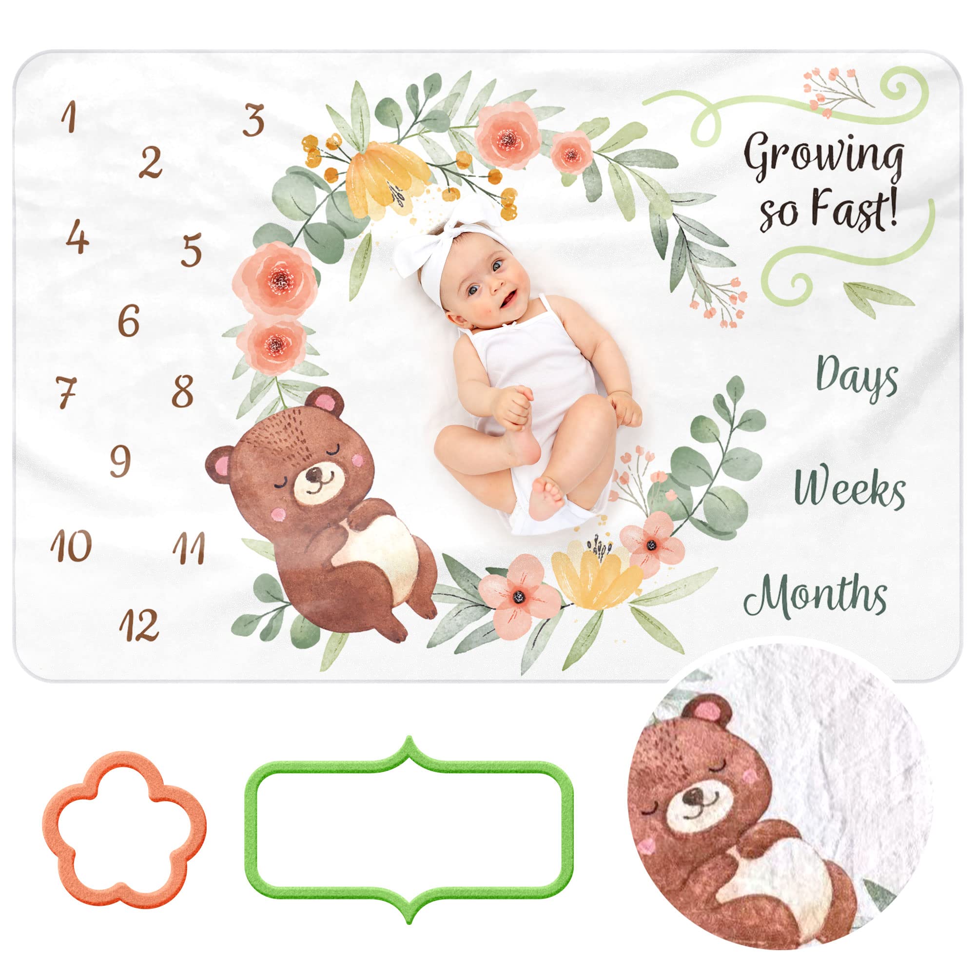 Milestone Blanket with 2 Placement Markers , Gender Neutral,Baby Monthly Milestone Blanket , Baby Growth Chart Blanket (60inx40in)