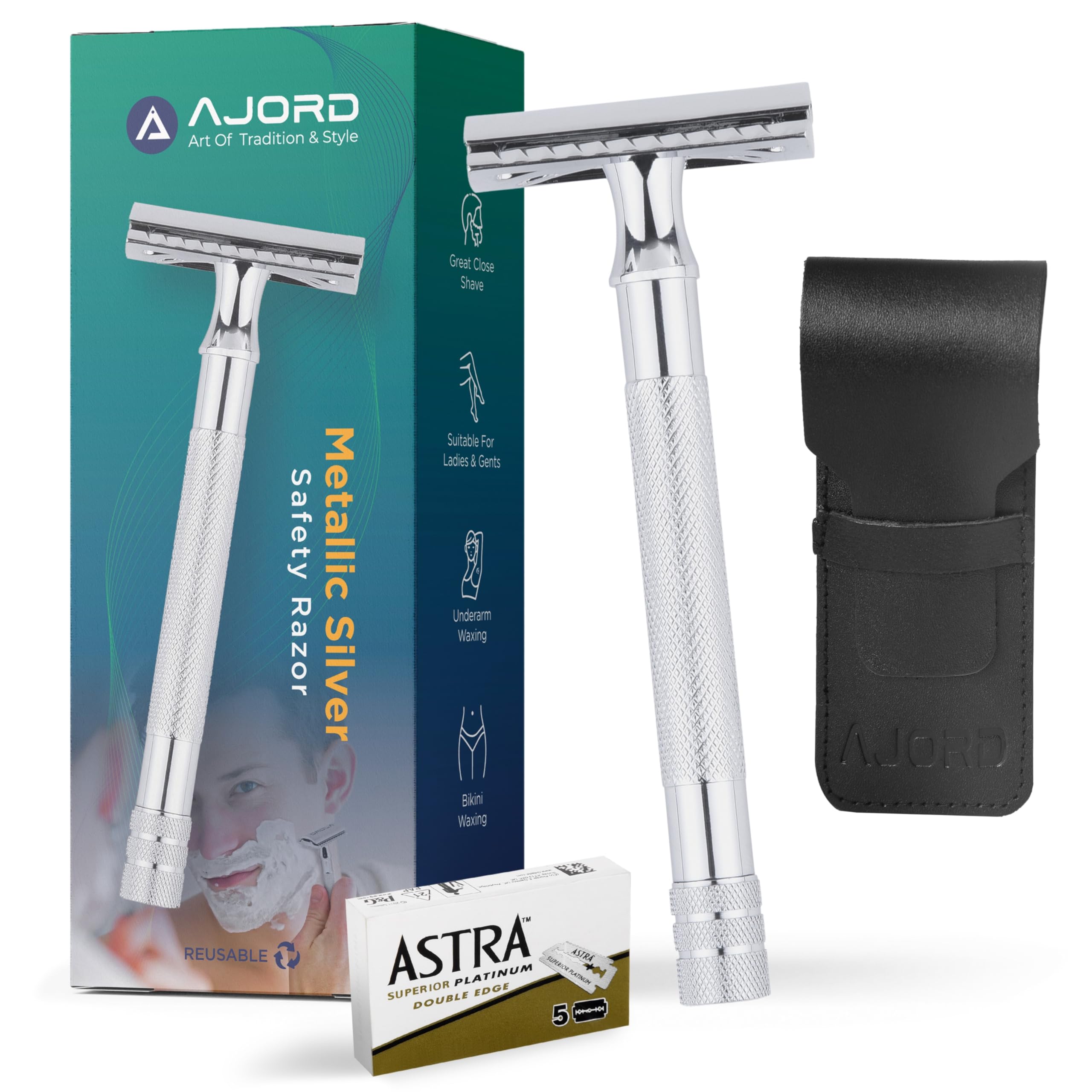 3 Pcs Double Edge Safety Razors For Men & Women - Safety Edge Razor Women Comes With 5 Astra Superior Platinum Double Edge Blades & Razor Cover - Reusable Men's Saftey Shaving Razors with Long Handle