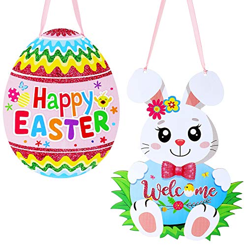Jetec 2 Pieces Easter Door Decorations Glitter Happy Easter Egg Hunt Wooden Hanger Easter Egg Bunny Hanging Door Wall Welcome Sign for Home Indoor Outdoor Easter Decor Supplies