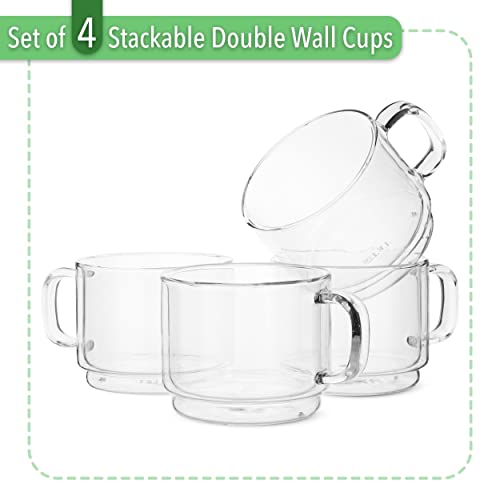 BTaT- Stackable Insulated Coffee Mug, Coffee Glass, Large, Set of 4 (16oz, 500ml), Double Wall Glass Coffee Cups, Tea Cups, Latte Cups, Glass Coffee Mug, Latte Mug, Clear Mugs, Mother's Day Gift