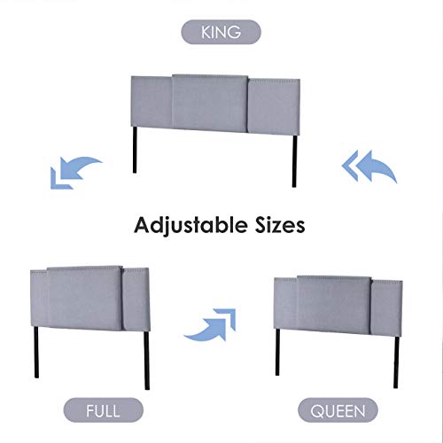 KOTPOP Linen Headboard, Adjustable Sizes 3 in 1 Upholstered Rectangular Headboard,Modern Breathable Fabric with Nailheads for Full/Queen/King Size, Optional Heights from 37" to 49", Grey