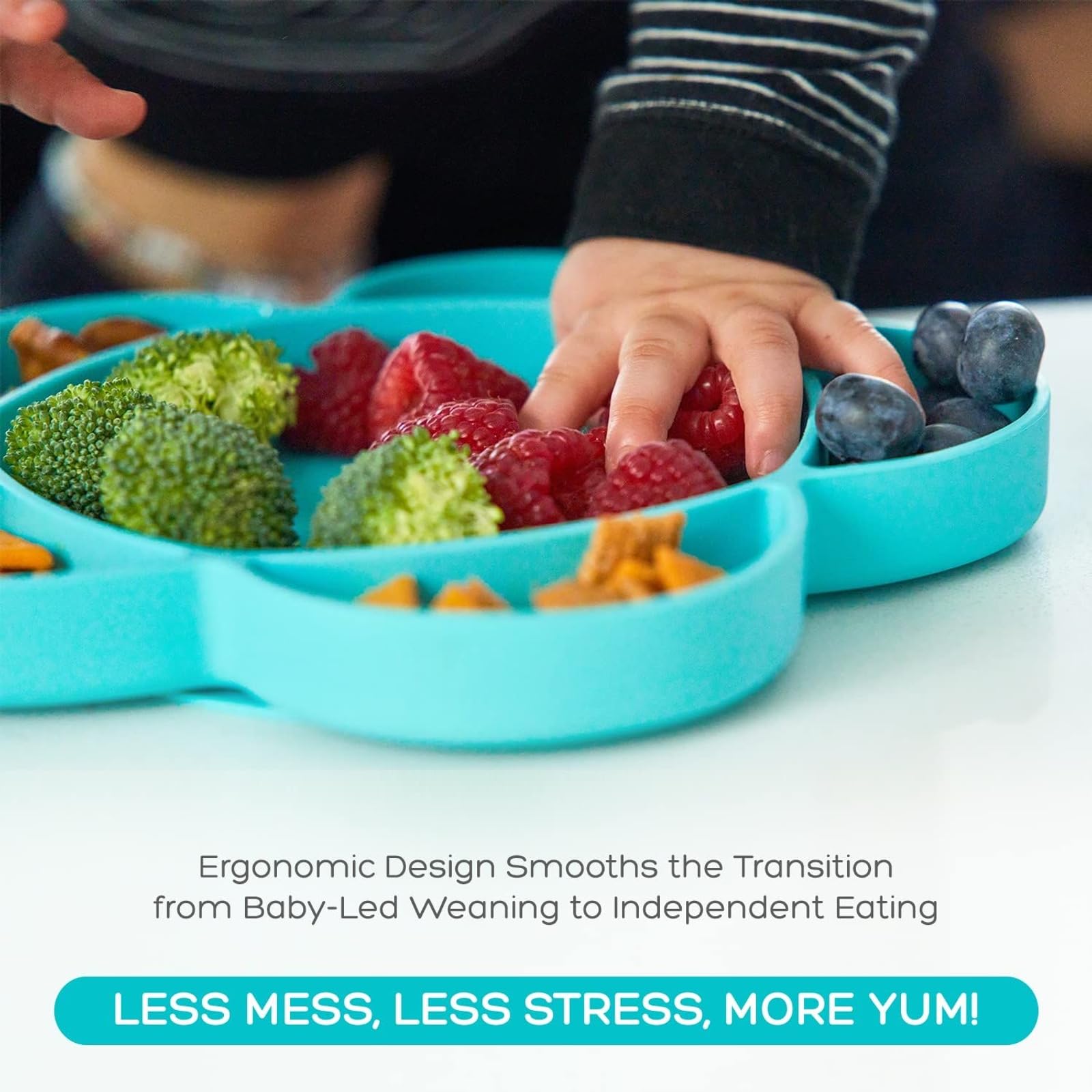 grabease Silicone Suction Plate for Baby & Toddler Self-Feeding, 6-Section Dish With Stay-Put Grip, BPA and Phthalates-Free, Dishwasher and Microwave Safe, Bright Teal