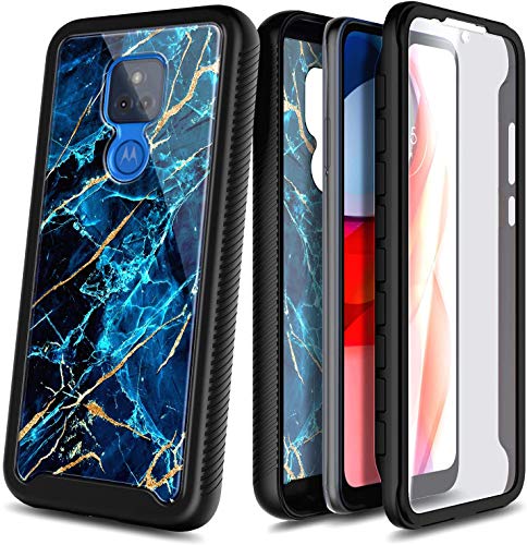 NZND Case for Motorola Moto G Play 2021 with [Built-in Screen Protector], Full-Body Protective Shockproof Rugged Bumper, Impact Resist Durable Phone Cover Case (Marble Design Sapphire)