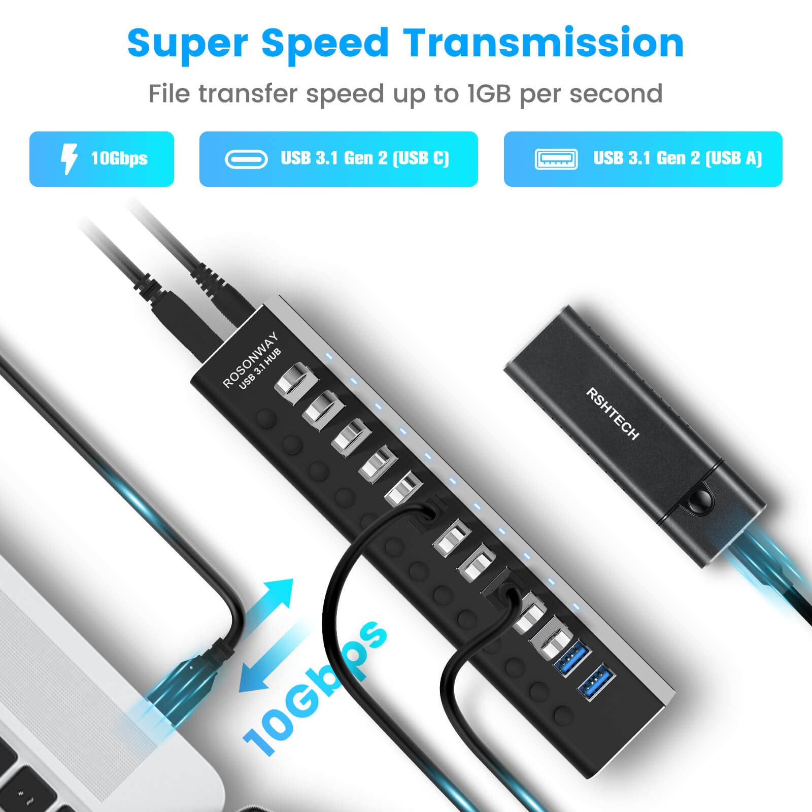 Powered USB Hub Rosonway Aluminum 13 Port USB 3.1/3.2 Gen 2 Hub 10Gbps with 72W (12V/6A) Power Adapter and Individual Switches, Type A and Type C Cables, USB C Hub Expander for PC and Laptop, RSH-A13