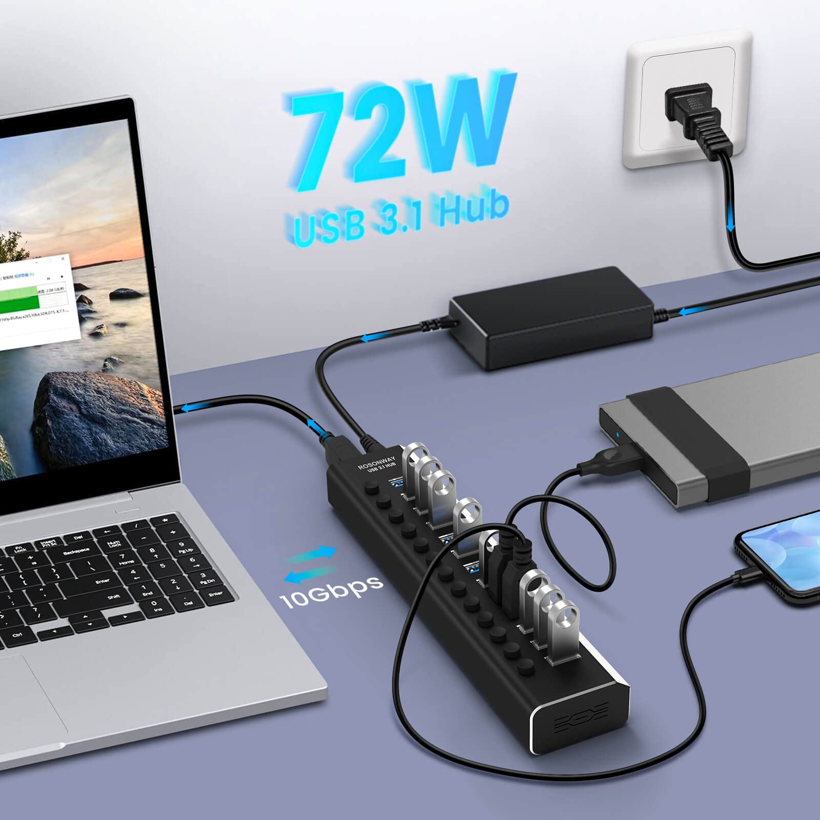 Powered USB Hub Rosonway Aluminum 13 Port USB 3.1/3.2 Gen 2 Hub 10Gbps with 72W (12V/6A) Power Adapter and Individual Switches, Type A and Type C Cables, USB C Hub Expander for PC and Laptop, RSH-A13