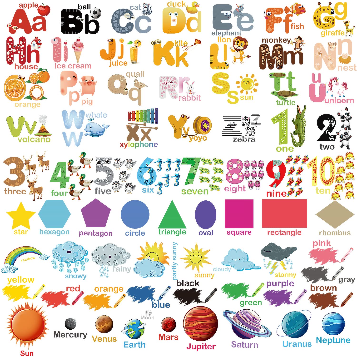 Cualfec 9 Sheet Alphabet Number Color Weather Planet Learning Educational Wall Decals Alphabet Weather Color Educational Wall Stickers Classroom Wall Decals for Kids Playroom Bedroom Decorations