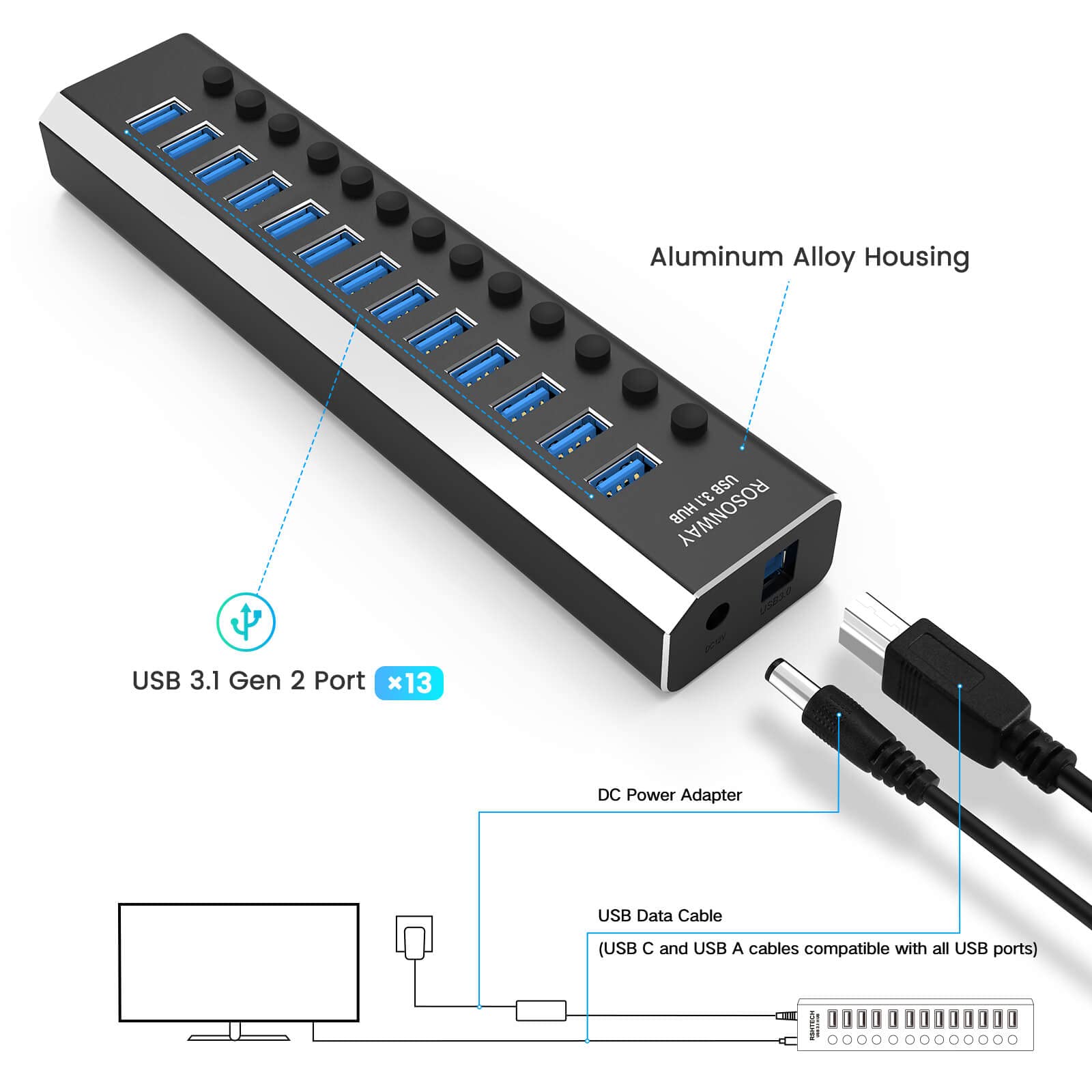 Powered USB Hub Rosonway Aluminum 13 Port USB 3.1/3.2 Gen 2 Hub 10Gbps with 72W (12V/6A) Power Adapter and Individual Switches, Type A and Type C Cables, USB C Hub Expander for PC and Laptop, RSH-A13