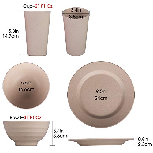 Cainfy Wheat Straw Dinnerware Set for 6, Upgraded Unbreakable Cereal Fruit Soup Rice Bowls Plates Mugs Sets for Outdoor Camping Dishwasher Microwave Safe