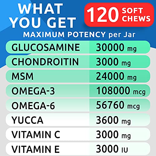 Glucosamine Dog Treats - Joint Pain Relief Supplement - Advanced Formula with Chondroitin, MSM, Omega-3 - Hip & Joint Care - Made in USA - Chicken Flavor - 120 Chews