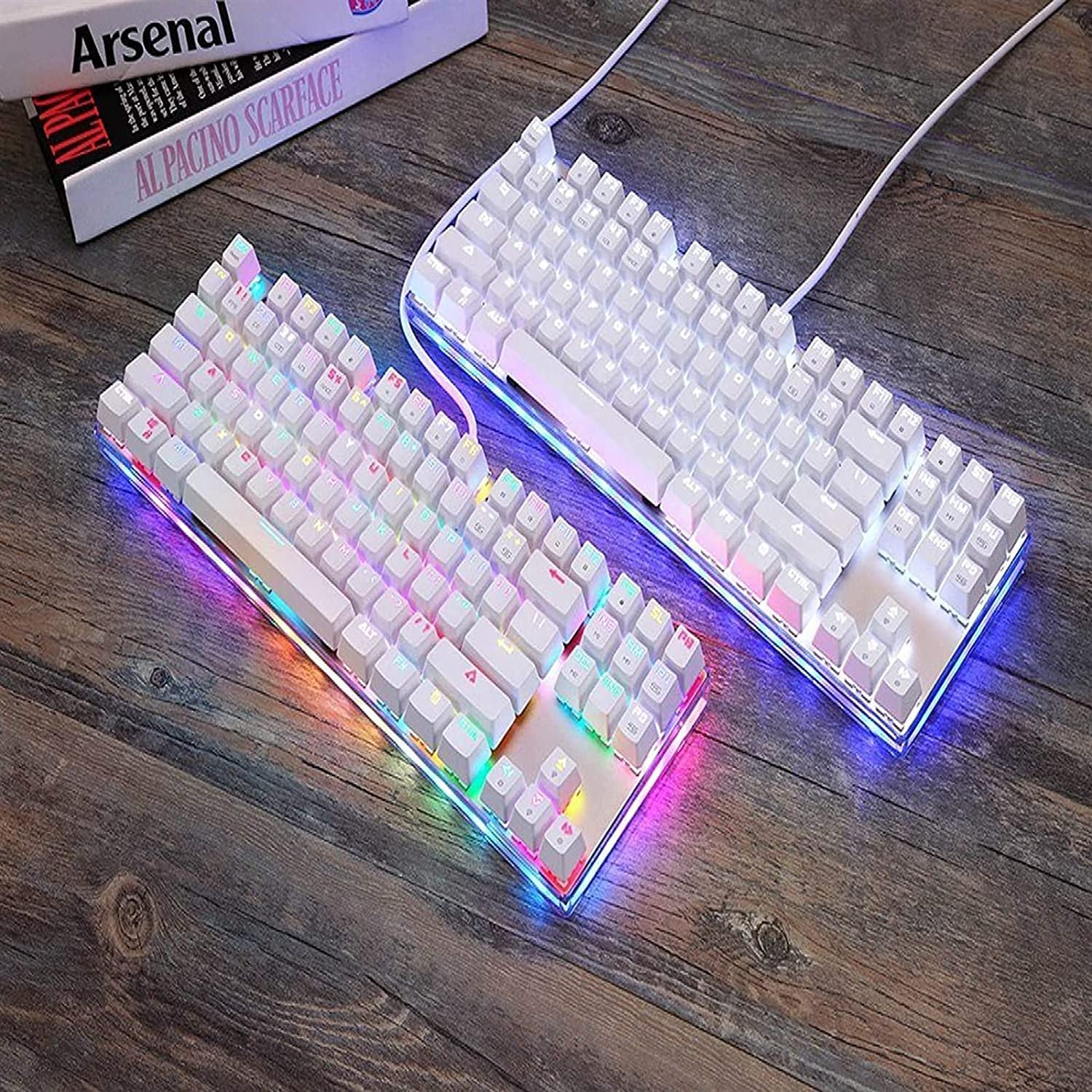 LED Backlit Wired Gaming Keyboard and Mechanical Feeling Rainbow Backlight Emitting CharacterAdjustable USB Mice Compatible with PC (White)