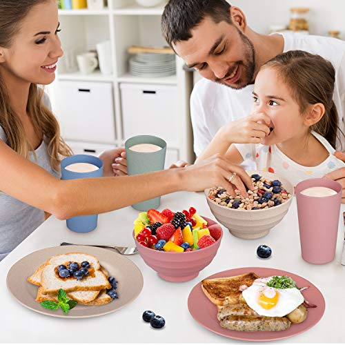 Cainfy Wheat Straw Dinnerware Set for 6, Upgraded Unbreakable Cereal Fruit Soup Rice Bowls Plates Mugs Sets for Outdoor Camping Dishwasher Microwave Safe