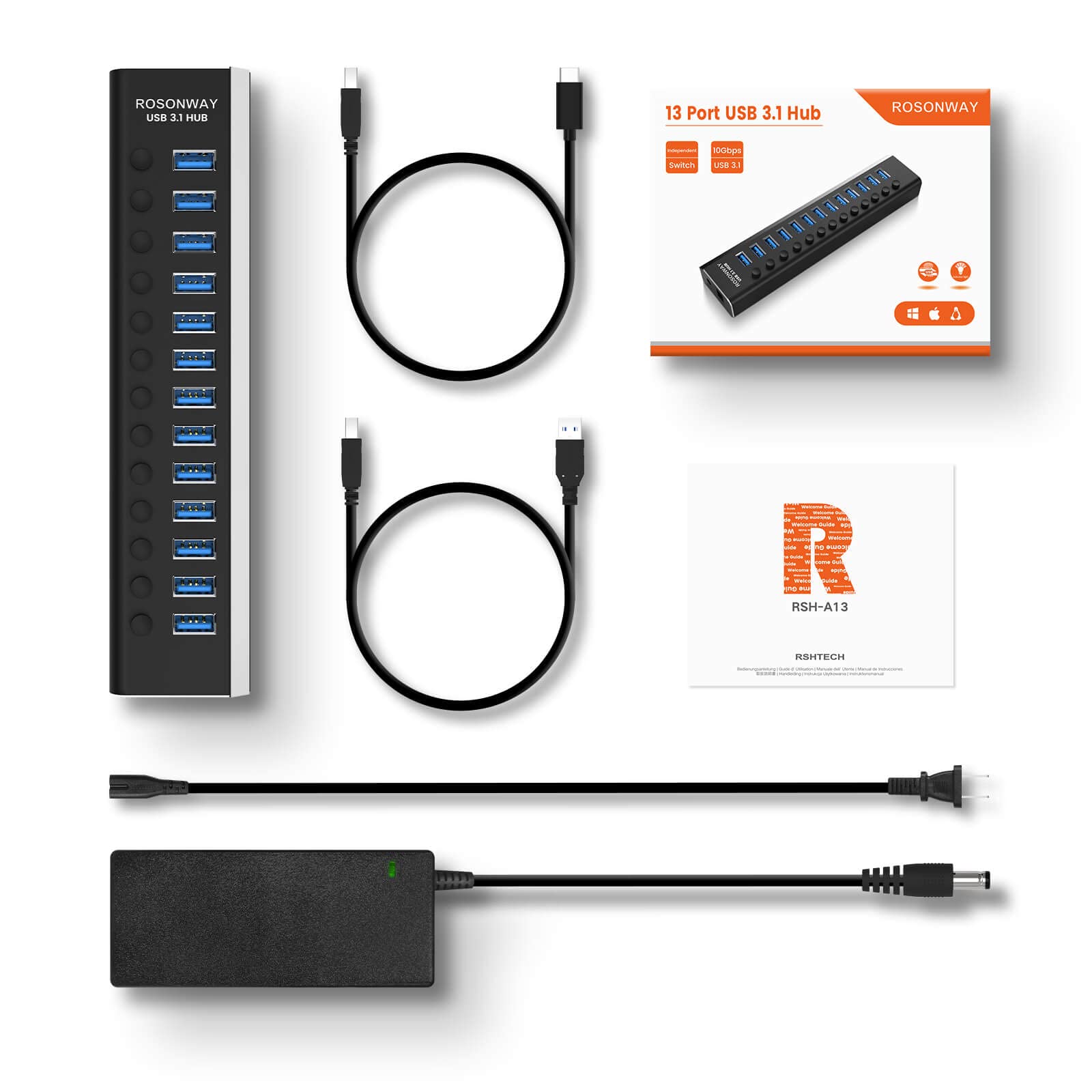 Powered USB Hub Rosonway Aluminum 13 Port USB 3.1/3.2 Gen 2 Hub 10Gbps with 72W (12V/6A) Power Adapter and Individual Switches, Type A and Type C Cables, USB C Hub Expander for PC and Laptop, RSH-A13