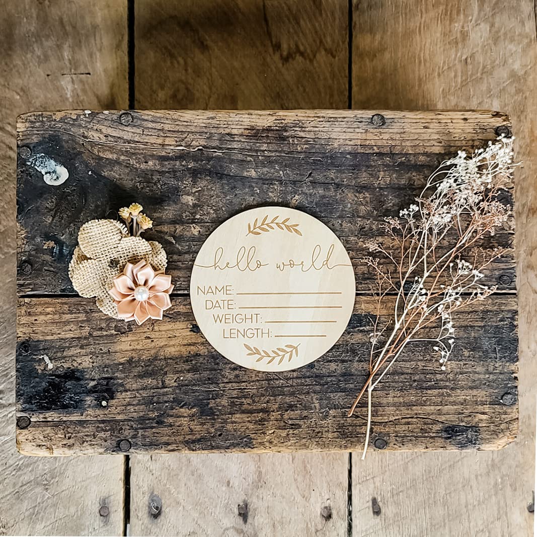 AMOS and SAWYER Hello World Leaf Wooden Birth Announcement Sign, Newborn Photo Prop Party Decoration
