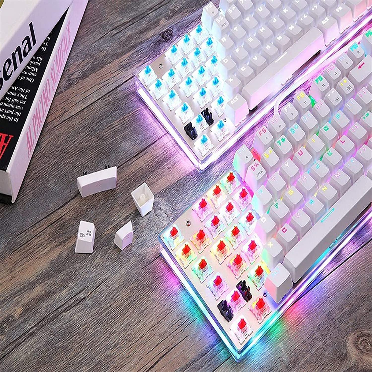 LED Backlit Wired Gaming Keyboard and Mechanical Feeling Rainbow Backlight Emitting CharacterAdjustable USB Mice Compatible with PC (White)