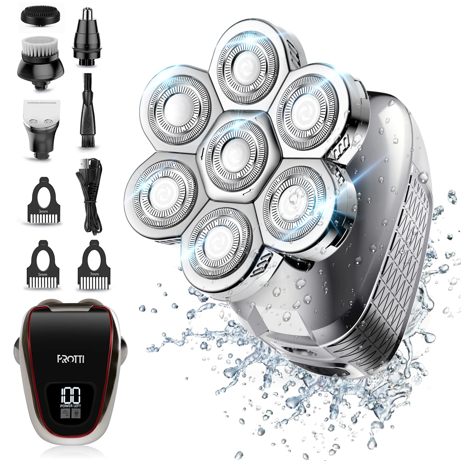 Electric Razor for Men, Upgraded 5-in-1 Head Shavers for Bald Men Faster-Charging Mens Shaver Grooming Kit Head Rotary Shaver with LED Display Waterproof Beard Hair Nose Trimmer Facial Cleaning Brush