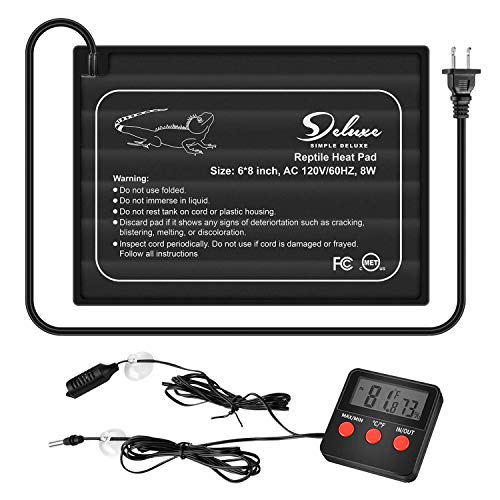 Simple Deluxe 6 X 8 Inch 8W Reptile Heating Pad with 2-Probe Digital Thermometer and Hygrometer Under Tank Heater Terrarium Warmer Heat Mat for Amphibians and Reptiles Pet, Black