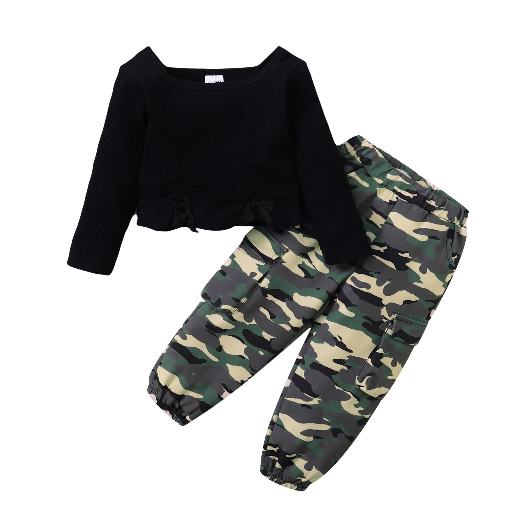 DISAUR Girls Clothes Size 3-4T Months Girl Fall Clothes Long Sleeve Square Neck Shirt Top + Floral Print Pants Girls Outfit Set, Black
