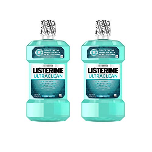 Listerine Ultraclean Oral Care Antiseptic Mouthwash to Help Fight Bad Breath Germs Gingivitis Plaque and Tartar Oral Rinse for Healthy Gums Fresh Flavor 500 ml, Blue, Cool Mint, 33.814 Fl Oz, Pack of 2