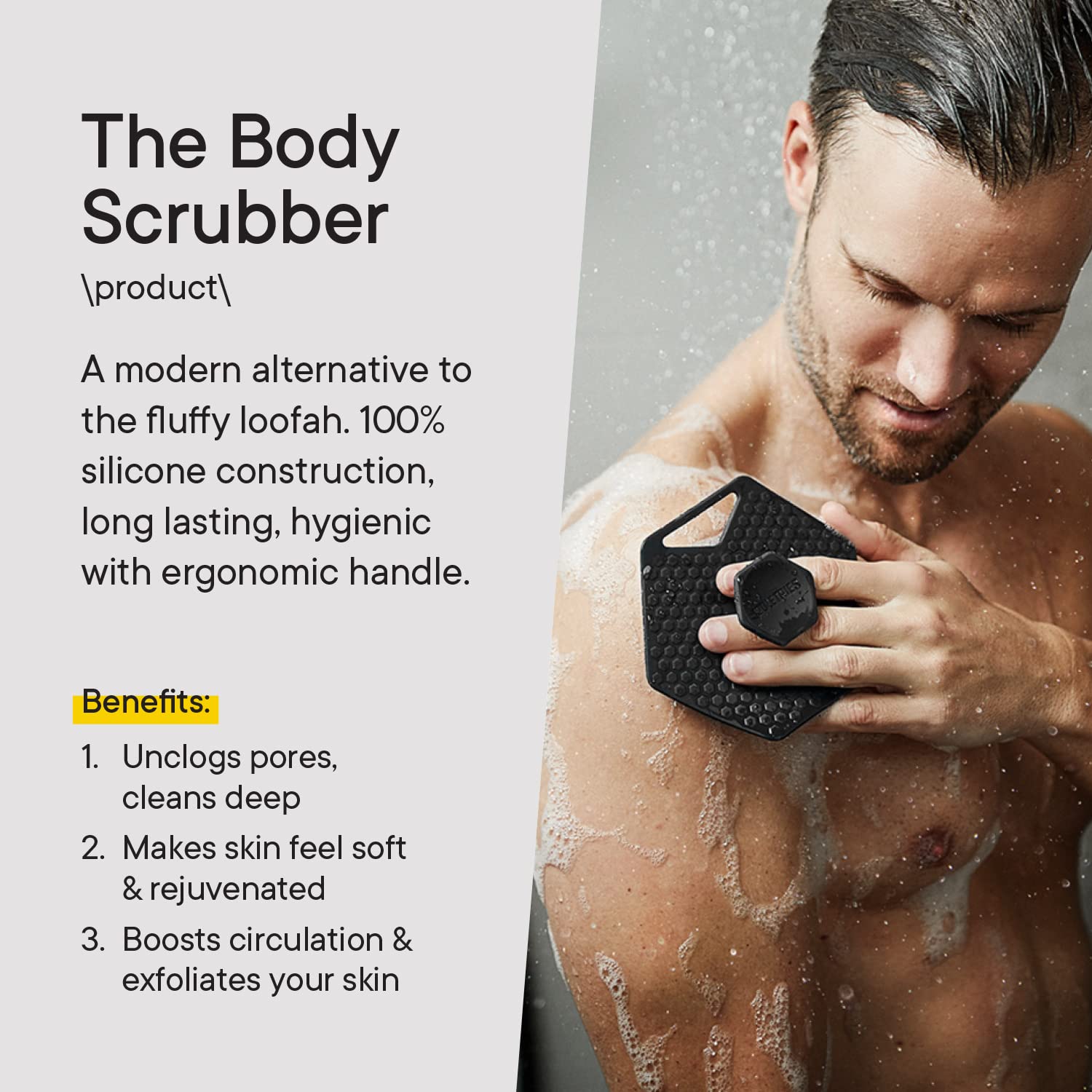 Tooletries - The Ultimate Scrubber Set - Silicone Shower Scrubber for Body with Shower Hook & Face Exfoliator Brush with Holder - Shower Accessories, Removable & Reusable - Charcoal