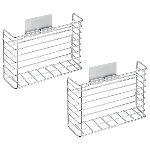 mDesign Metal Hanging Shelf-Adhesive Kitchen Storage Organizer Basket Bin - For Bags, Tin Foil, Wax Paper, Saran Wrap - Hardware Included, Solid Steel, 2 Pack - Chrome