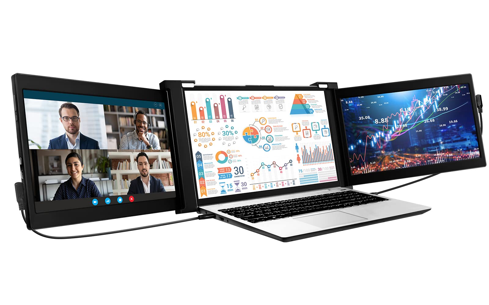 Vodzsla Triple Laptop Monitor, 13.3'' FHD 1080P IPS Portable for 15'-17'' Laptops, HDMI/USB/Type-C, Office Use