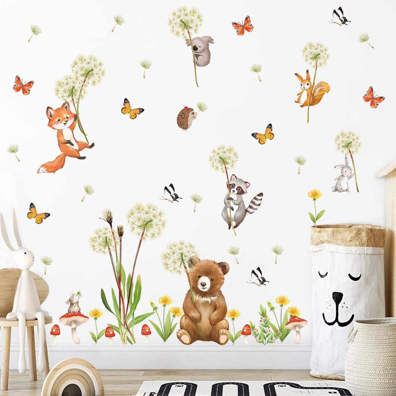 wondever Animals Dandelion Wall Stickers Bear Koala Fox Peel and Stick Wall Art Decals for Baby Nursery Kids Bedroom TV Wall