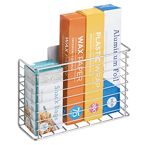mDesign Metal Hanging Shelf-Adhesive Kitchen Storage Organizer Basket Bin - For Bags, Tin Foil, Wax Paper, Saran Wrap - Hardware Included, Solid Steel, 2 Pack - Chrome