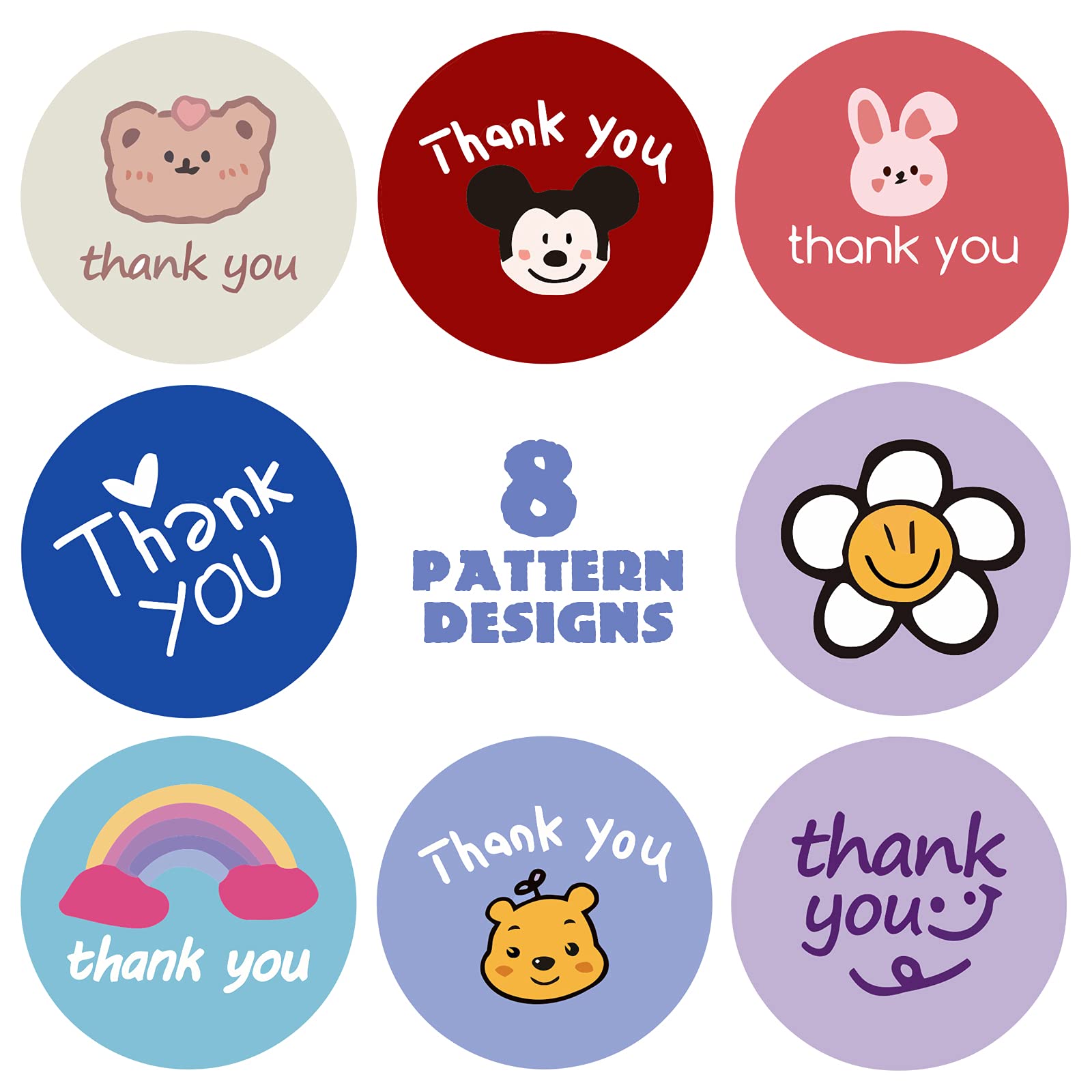 Cute Thank You Stickers Labels Roll 1.5 Inch 8 Designs Round Cartoon Thank You Labels 500Pcs Per Roll for Envelope Seals Stickers Cards Gift Boxes Decoration