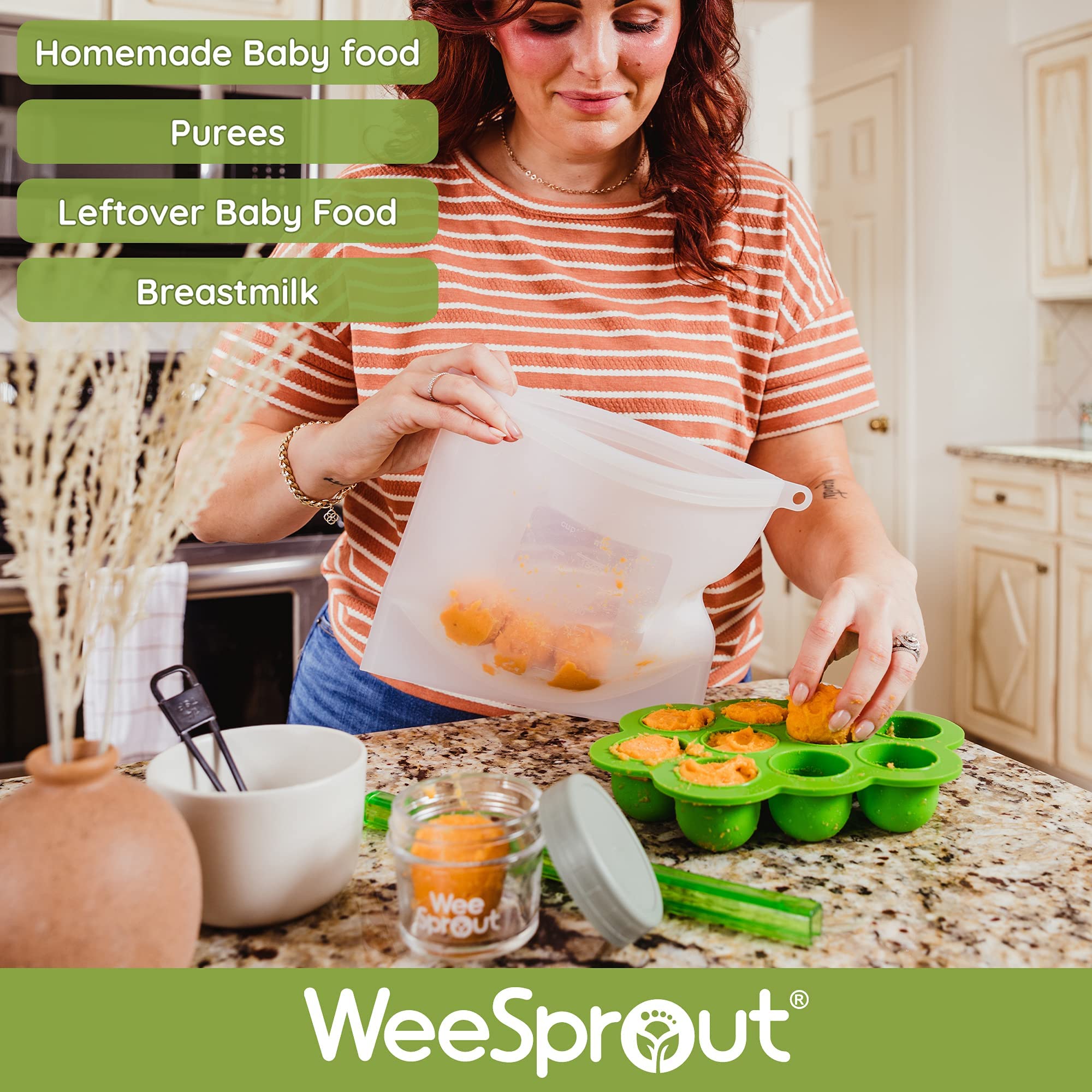 Bundle - 2 Items: WeeSprout 4 oz Glass Baby Food Jars and Small Baby Food Freezer Tray