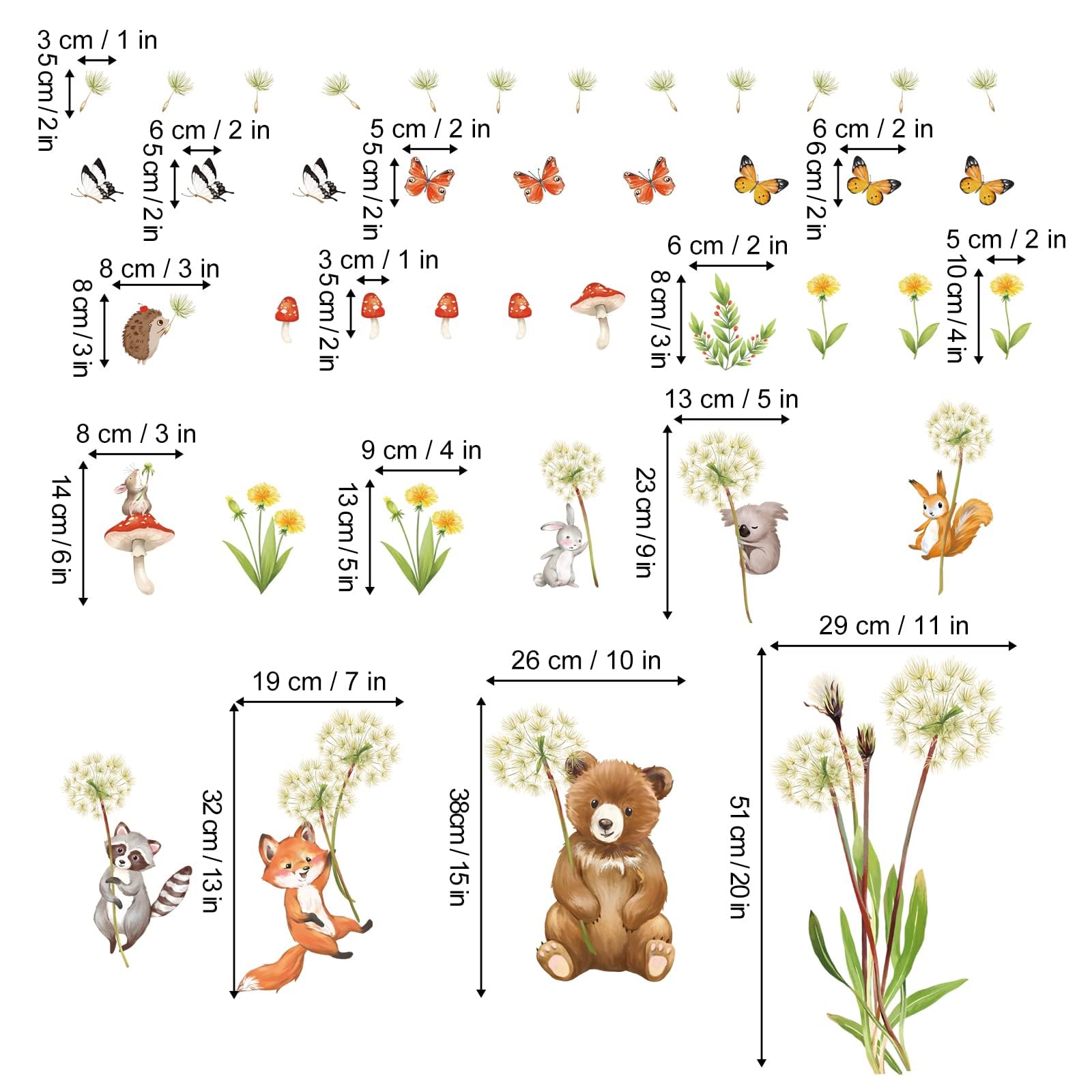 wondever Animals Dandelion Wall Stickers Bear Koala Fox Peel and Stick Wall Art Decals for Baby Nursery Kids Bedroom TV Wall