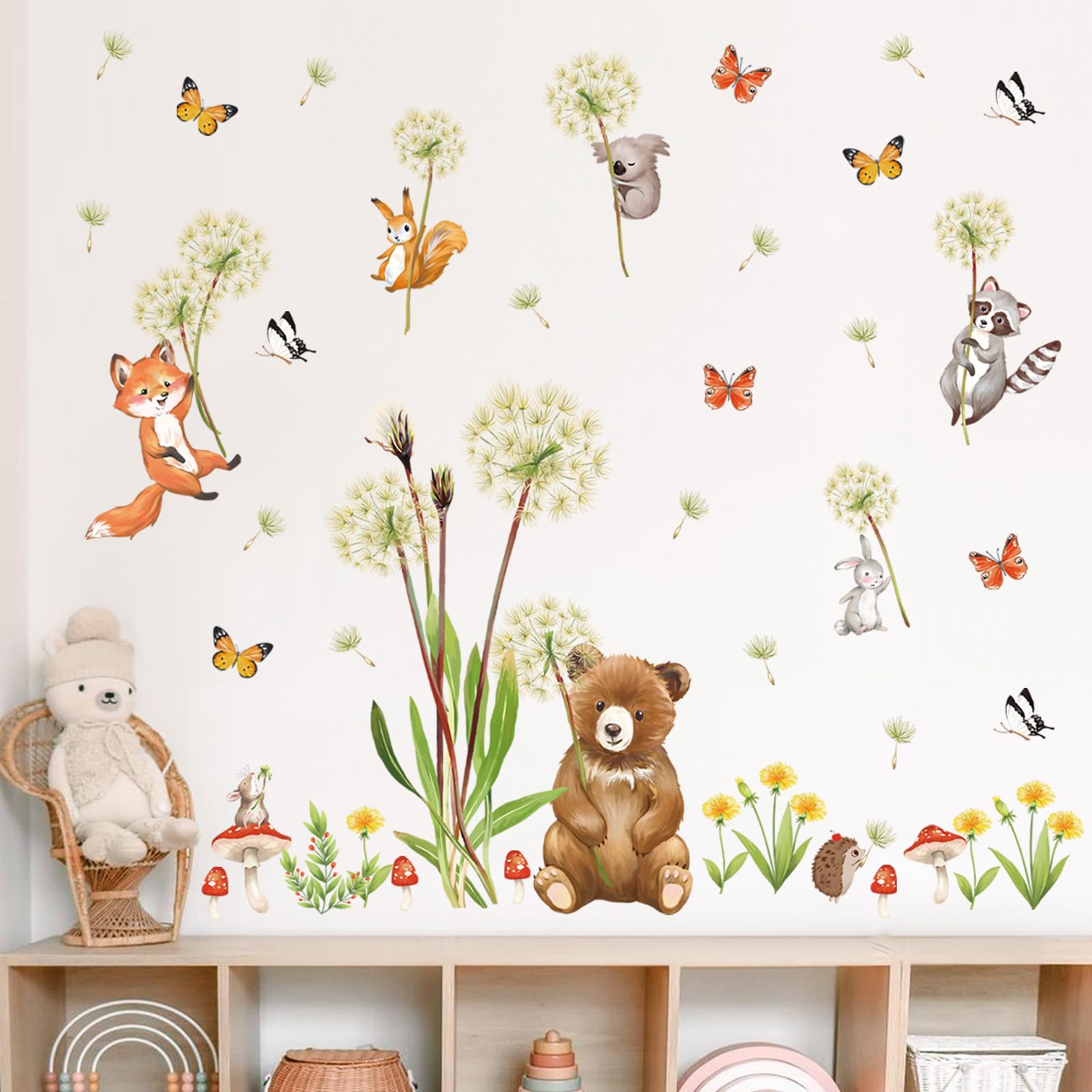 wondever Animals Dandelion Wall Stickers Bear Koala Fox Peel and Stick Wall Art Decals for Baby Nursery Kids Bedroom TV Wall