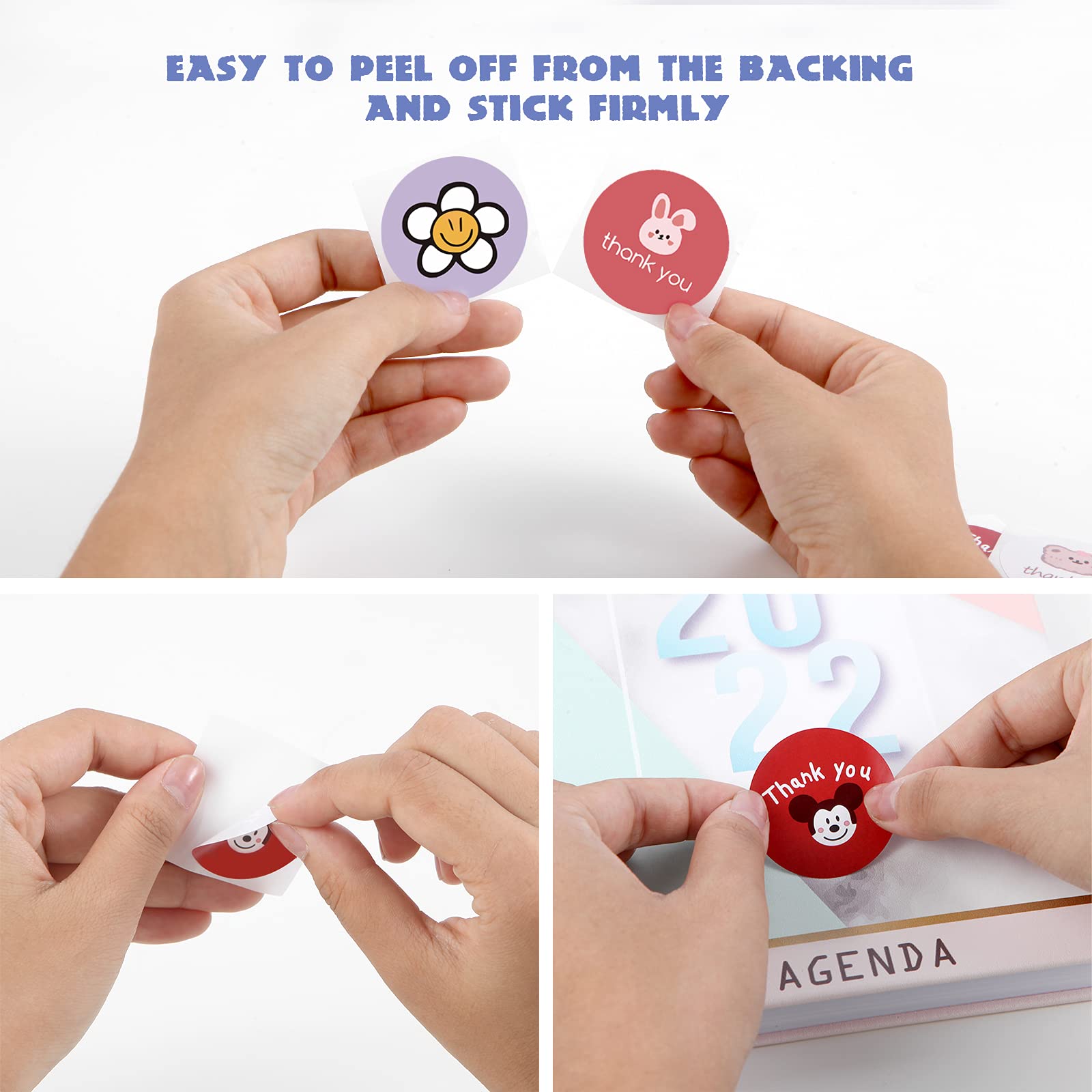 Cute Thank You Stickers Labels Roll 1.5 Inch 8 Designs Round Cartoon Thank You Labels 500Pcs Per Roll for Envelope Seals Stickers Cards Gift Boxes Decoration