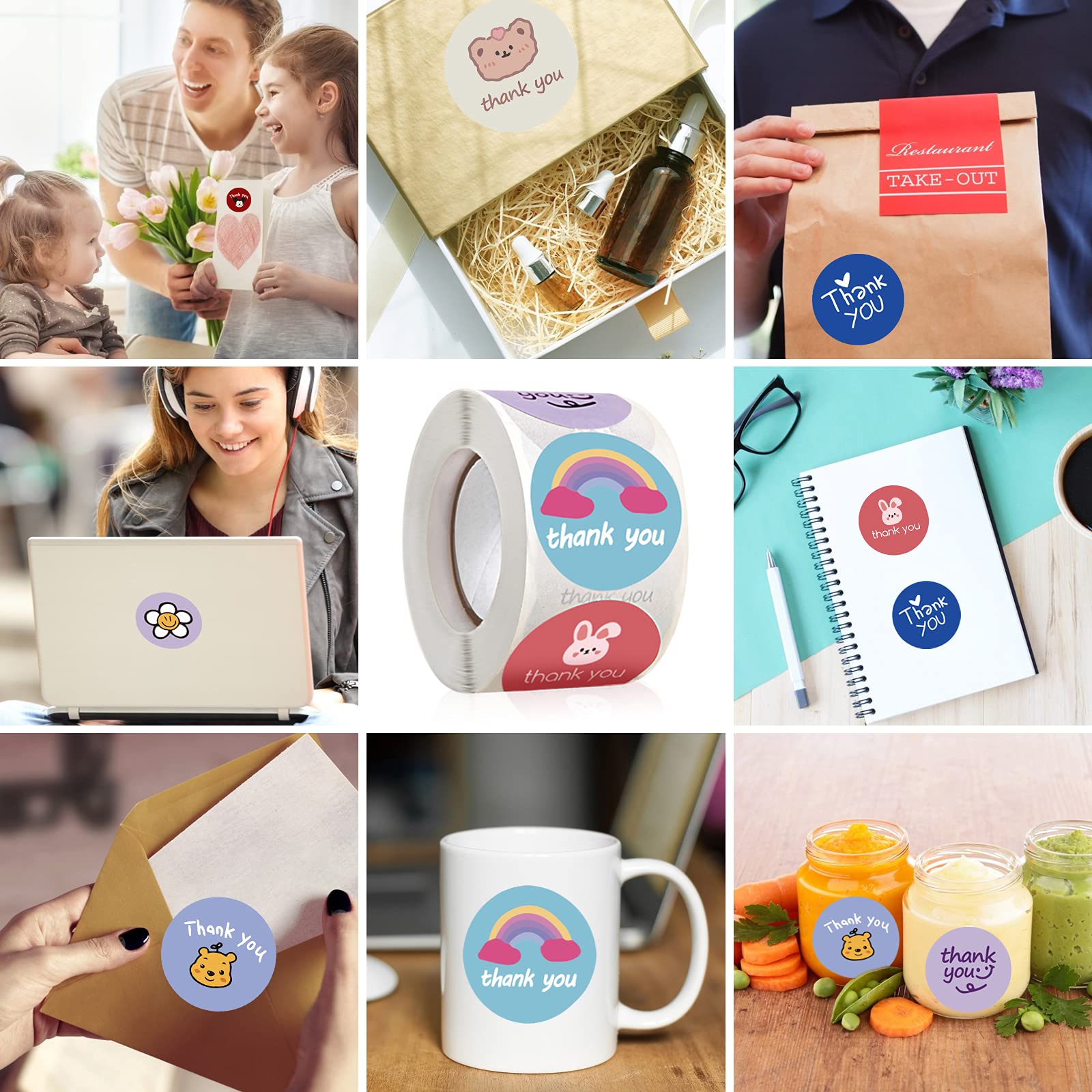 Cute Thank You Stickers Labels Roll 1.5 Inch 8 Designs Round Cartoon Thank You Labels 500Pcs Per Roll for Envelope Seals Stickers Cards Gift Boxes Decoration